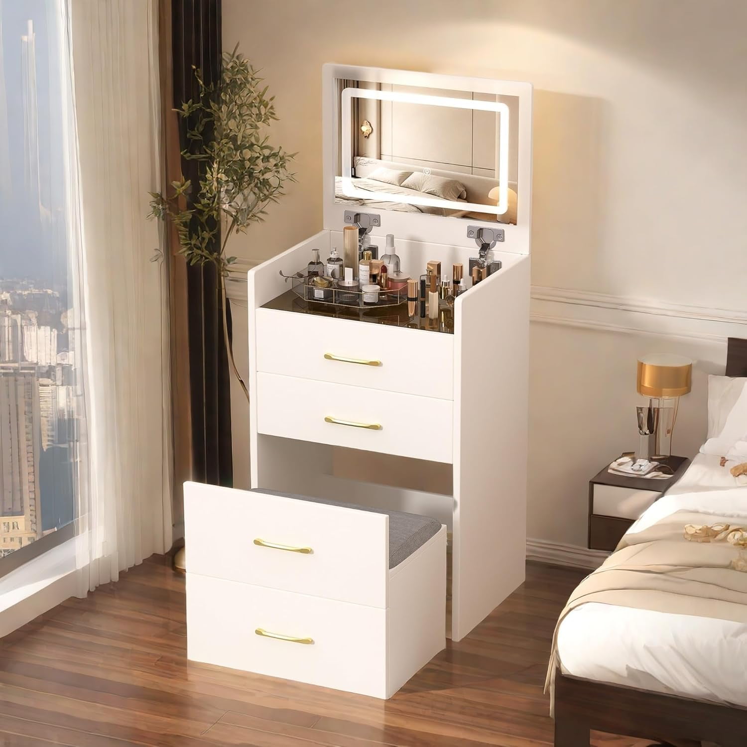 Montary Modern Mini Vanity Table with LED-lit Mirror & Hidden Storage ...