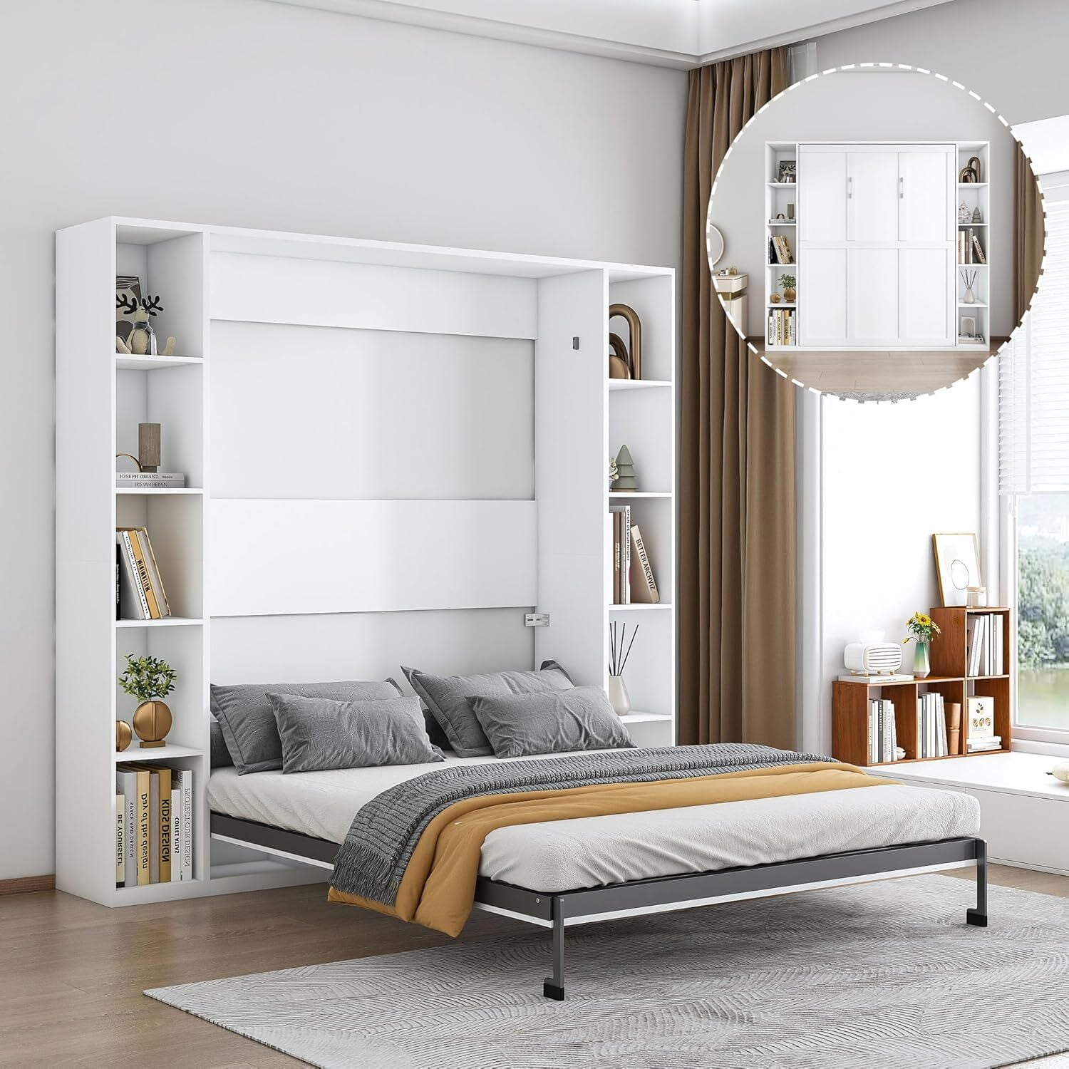 Montary Queen Murphy Bed with Storage Shelves - 90" Foldable Wall Bed ...