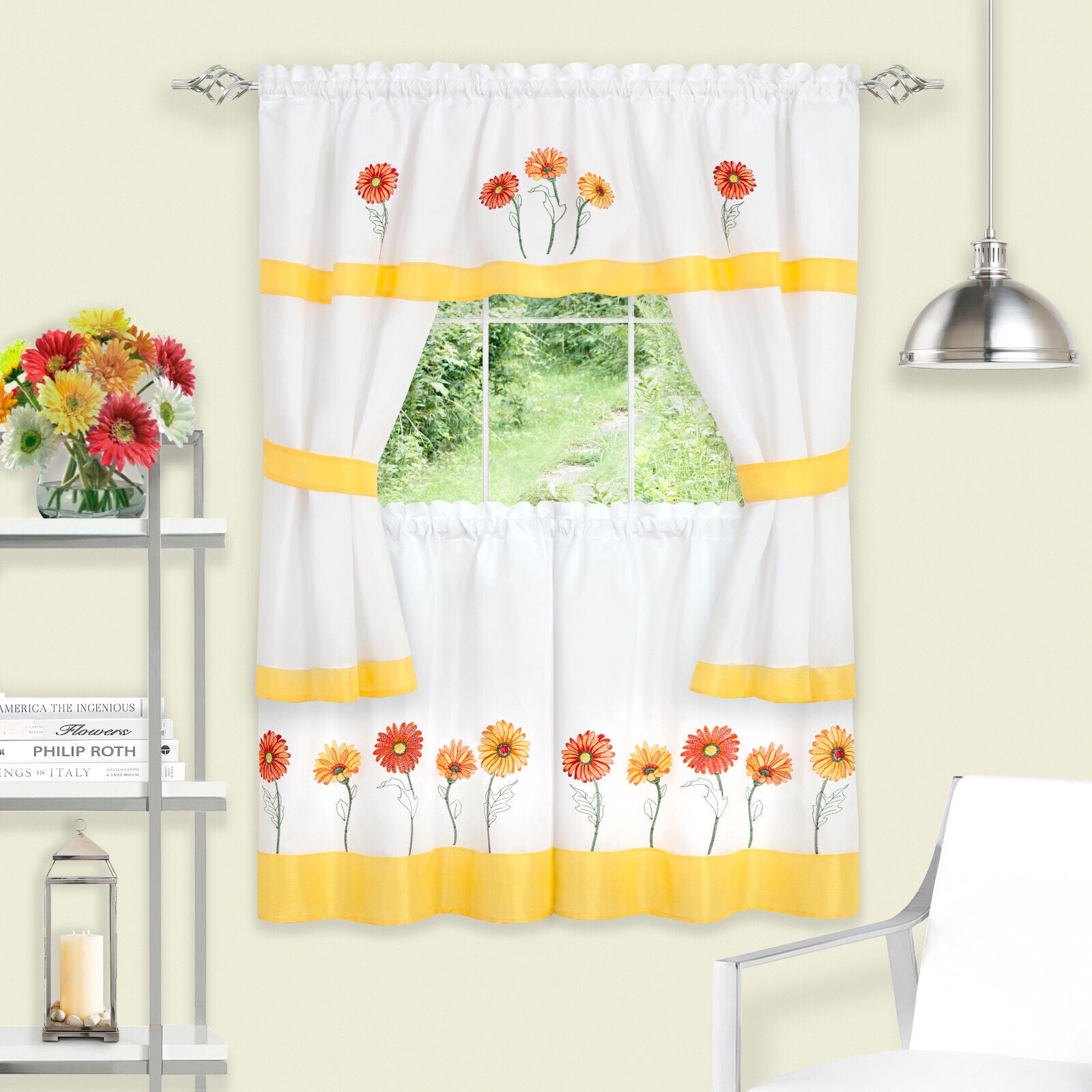 Montauk Accents Embroidered Daisies Polyester Cottage Kitchen Curtain ...