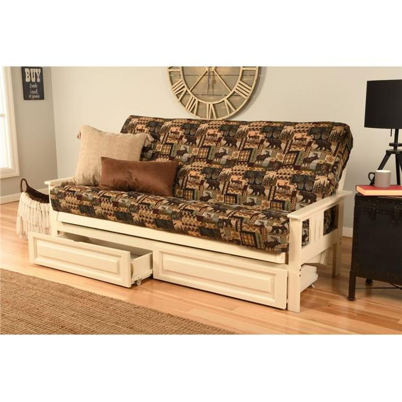 Monterey Antique White Futon Frame with Peters Cabin Mattress & Storage ...