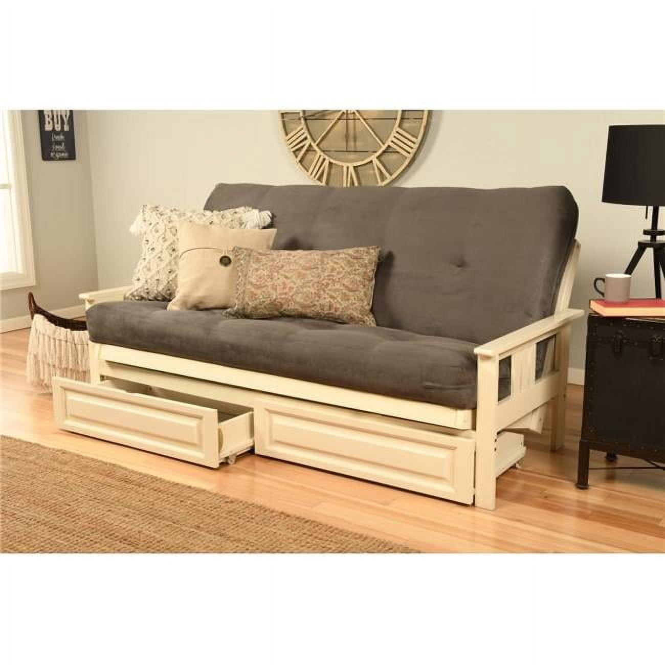 Monterey Antique White Futon Frame with Suede Gray Mattress & Storage ...