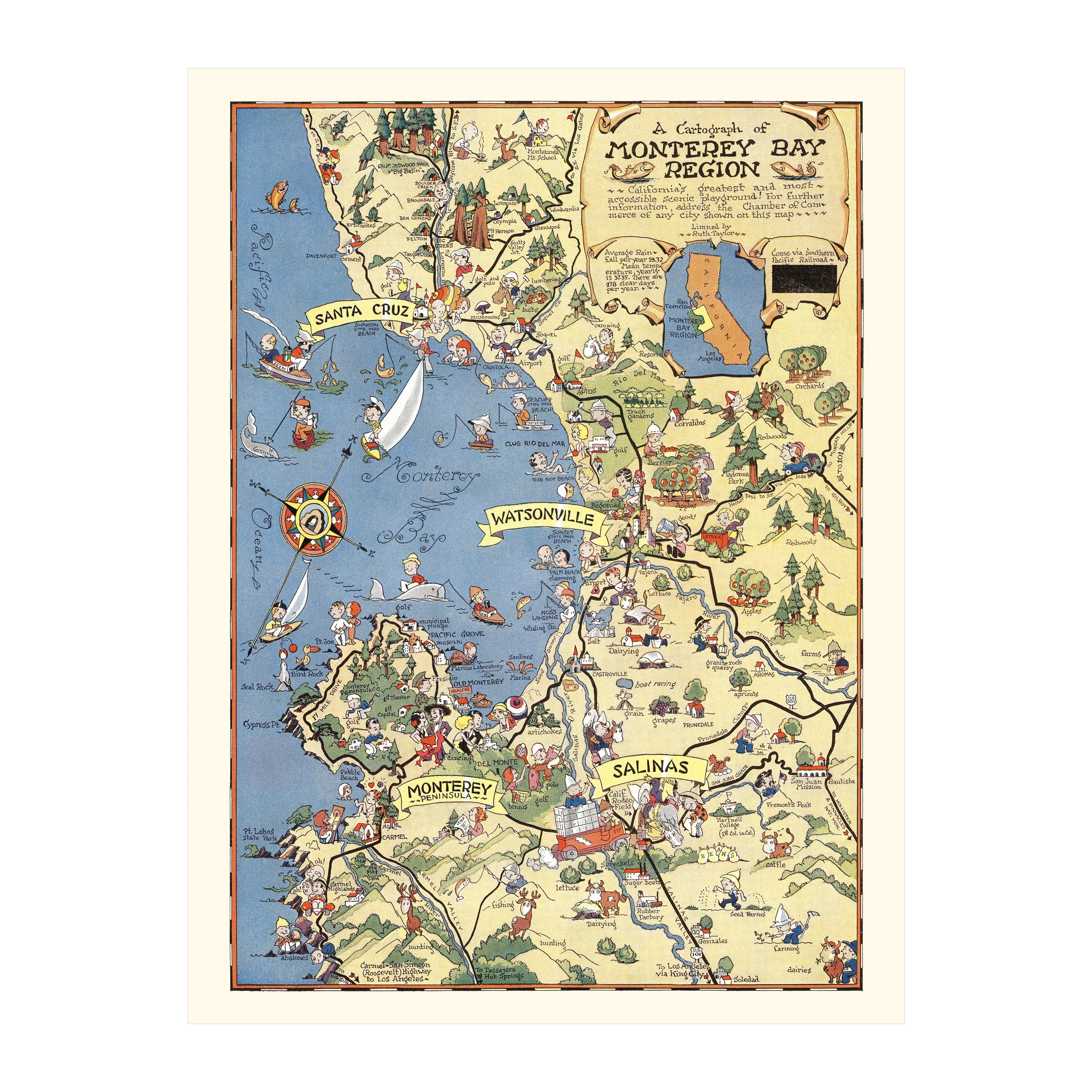Monterey Bay Art, 1932 Vintage Map of Monterey Bay History Wall Decor ...