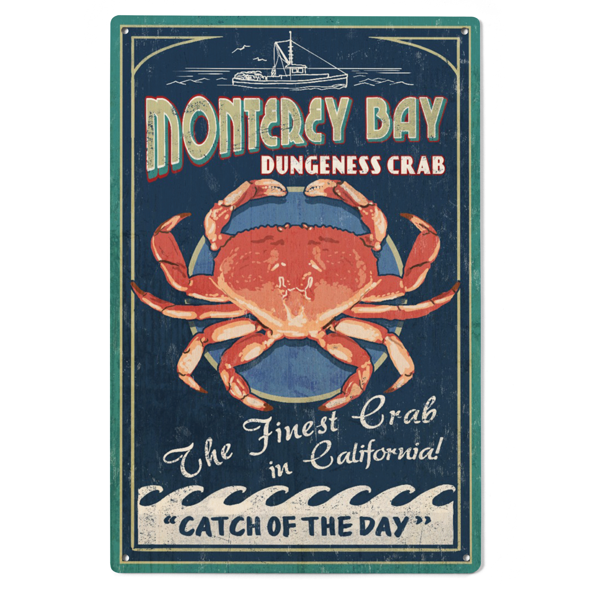 Monterey Bay, California, Dungeness Crab, Vintage Sign Birch Wood Wall ...