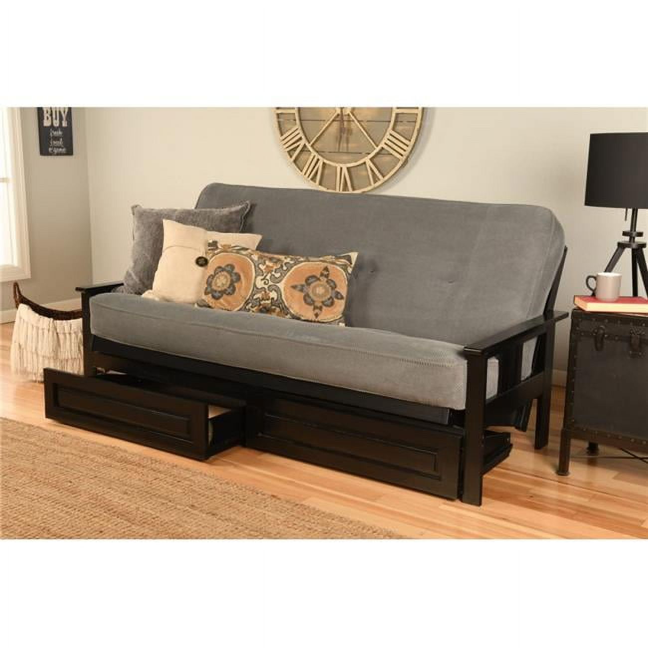 Monterey Black Futon Frame with Marmont Thunder Mattress & Storage ...