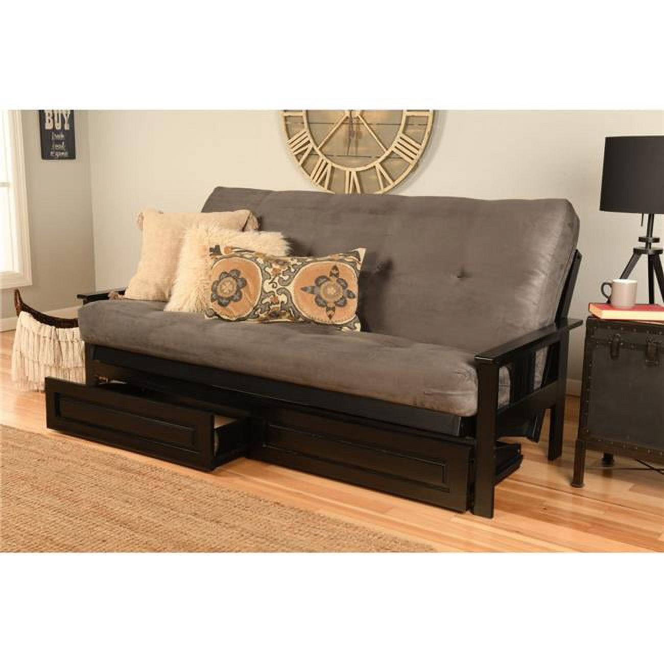 Monterey Black Futon Frame with Suede Gray Mattress & Storage Drawers ...