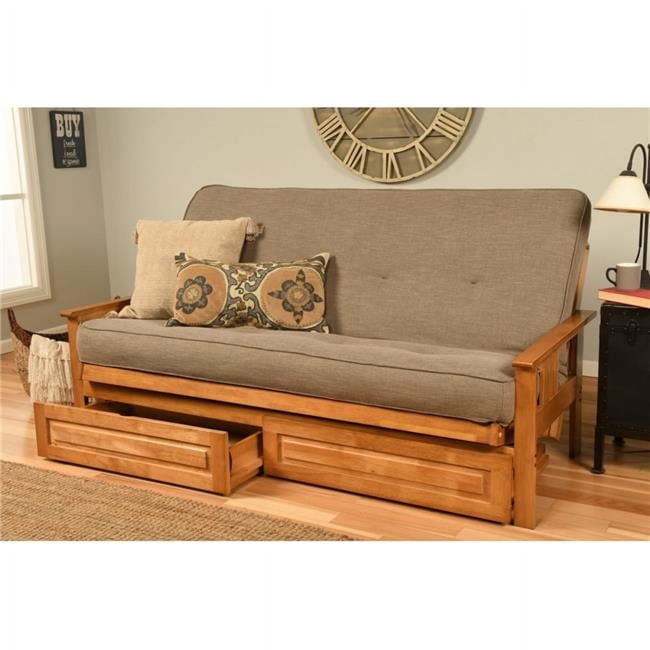 Monterey Butternut Futon Frame with Linen Stone Mattress & Storage ...