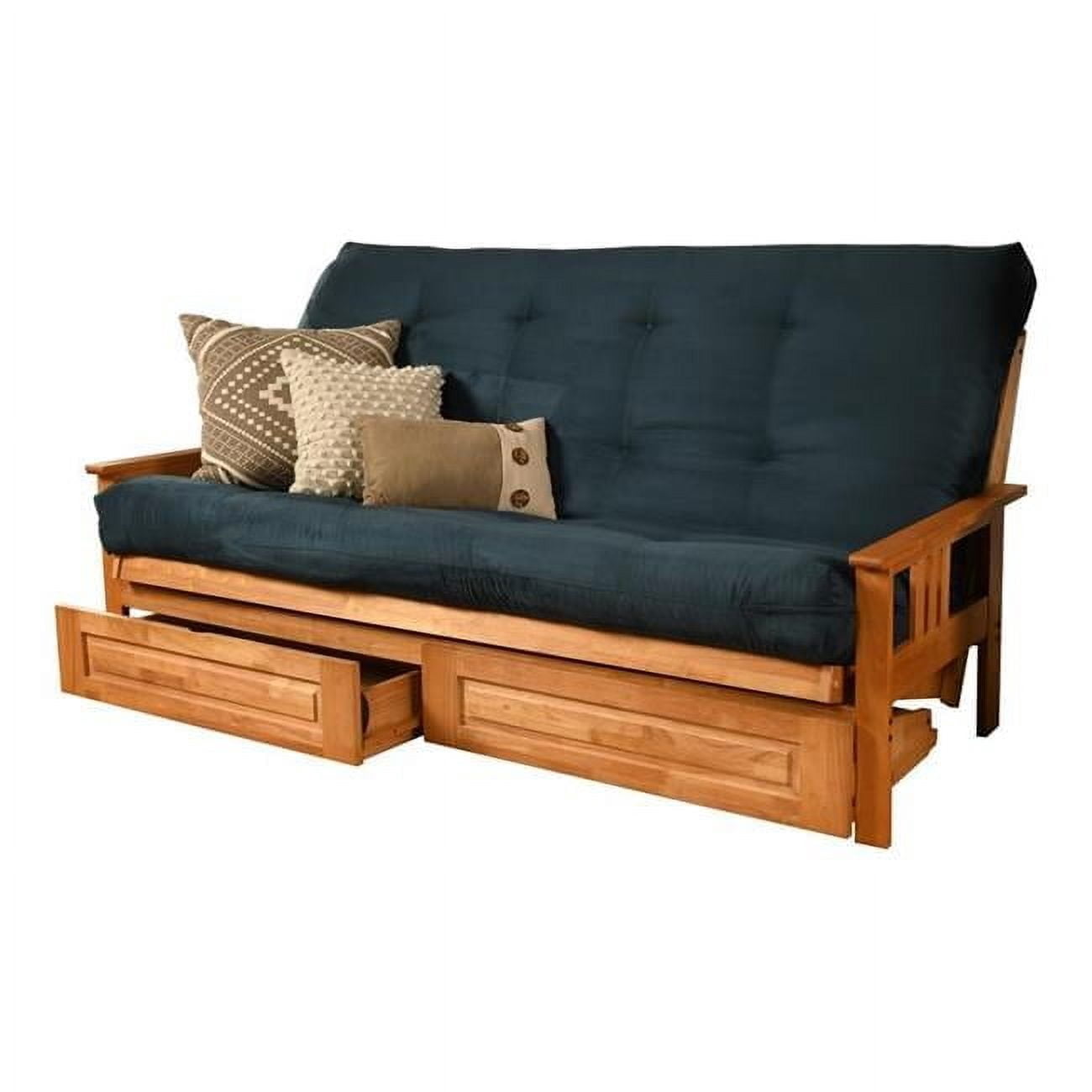 Monterey Butternut Futon Frame with Suede Navy Mattress & Storage ...