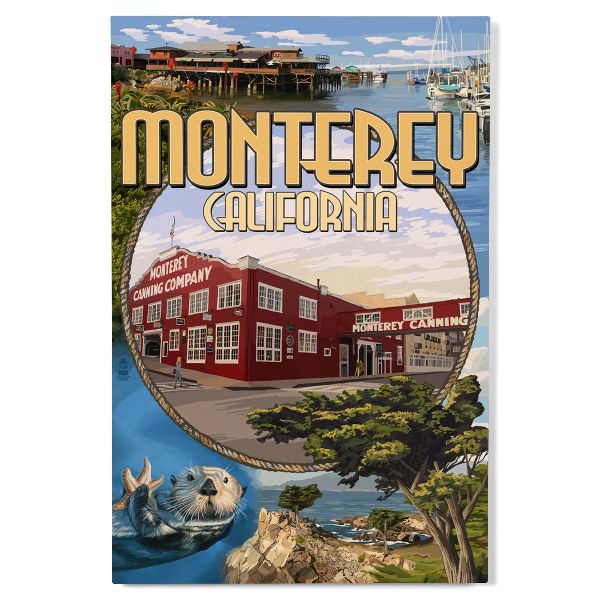 Monterey, California, Montage Scenes Birch Wood Wall Sign (12x18 Rustic ...