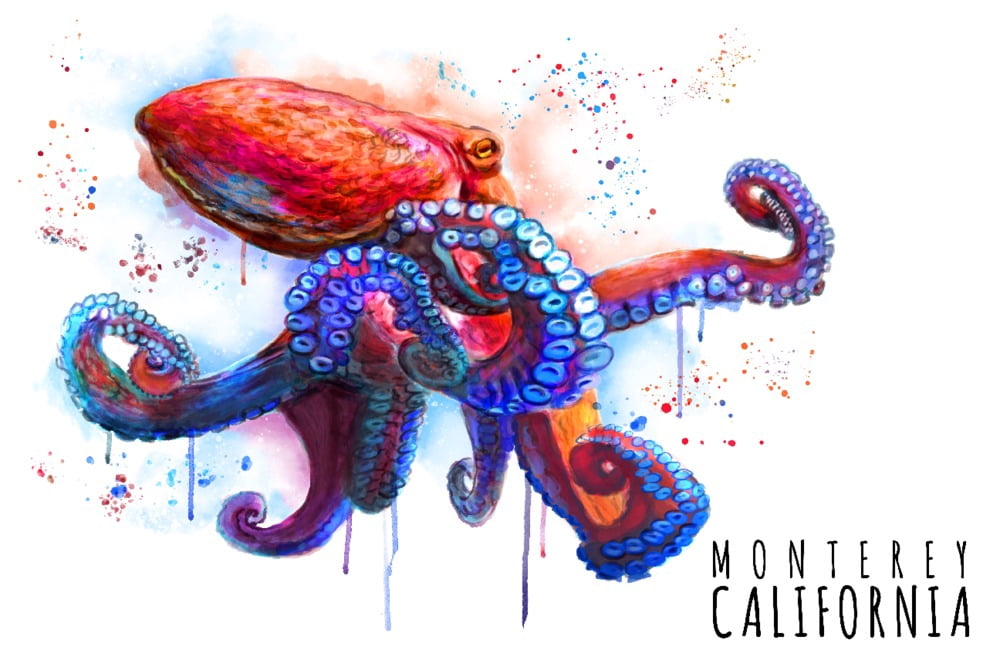 Monterey, California, Octopus, Watercolor (12x18 Wall Art Poster, Room ...