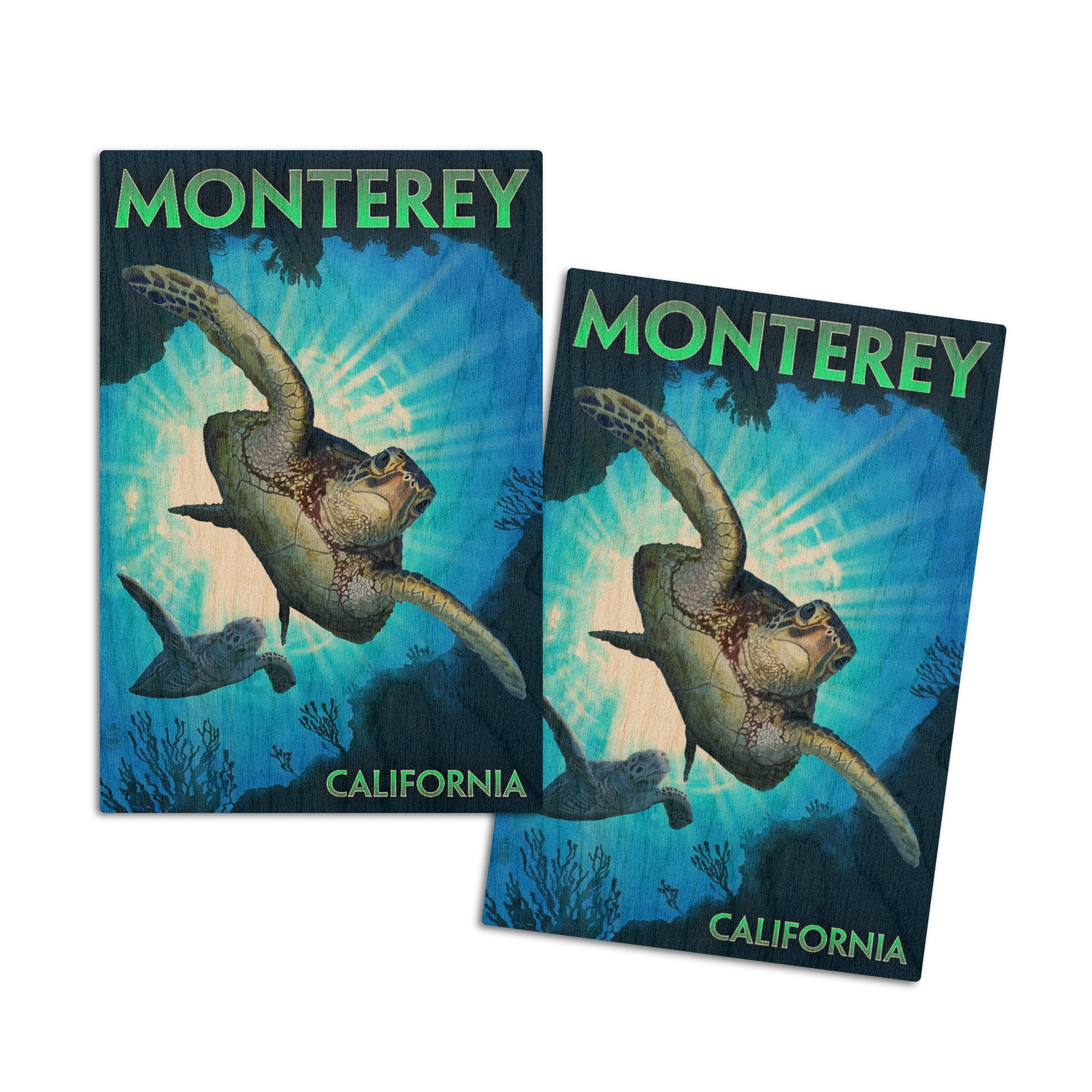 Monterey, California, Sea Turtles Diving (4x6 Birch Wood Postcards, 2 ...