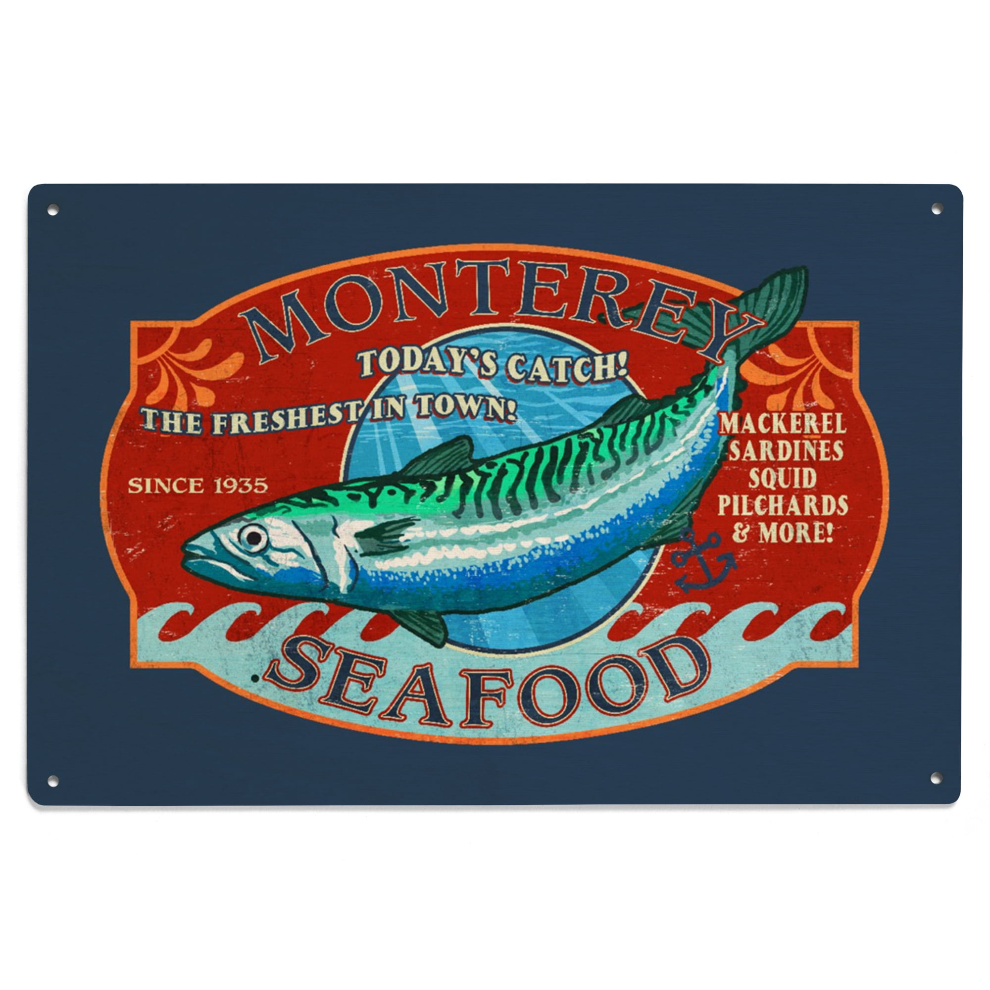 Monterey, California, Seafood, Vintage Sign, Contour Birch Wood Wall ...