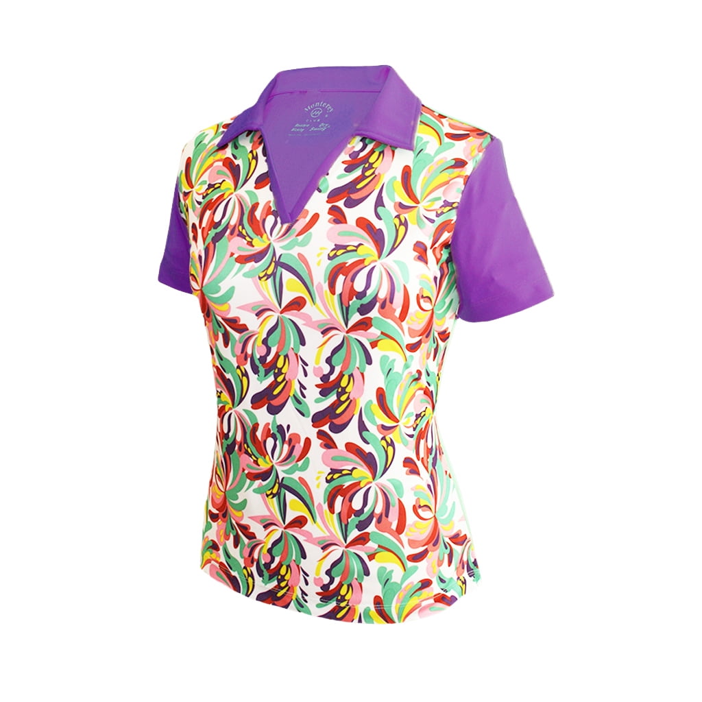 Monterey Club Women's Fountain Floral Print Block Golf Polo Shirt #2346 ...
