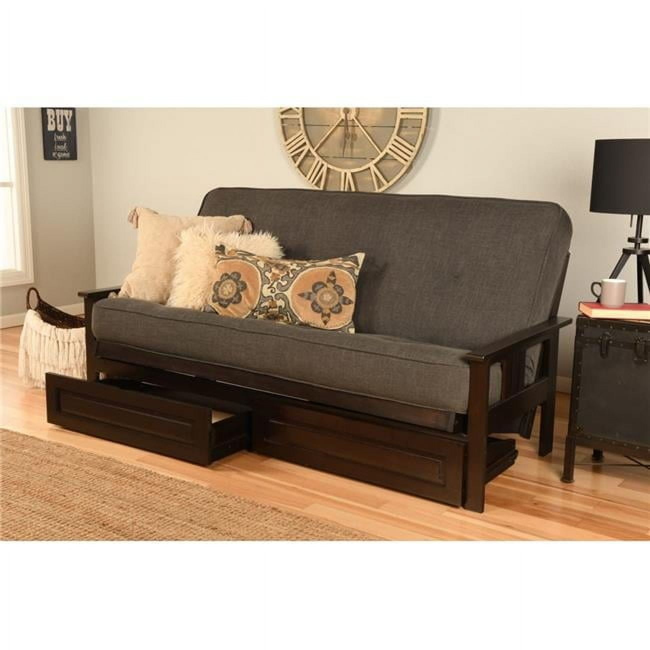 Monterey Espresso Futon Frame with Linen Charcoal Mattress & Storage ...