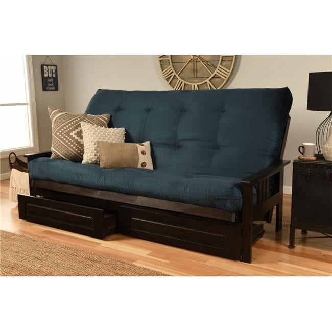 Monterey Espresso Futon Frame with Suede Navy Mattress & Storage ...