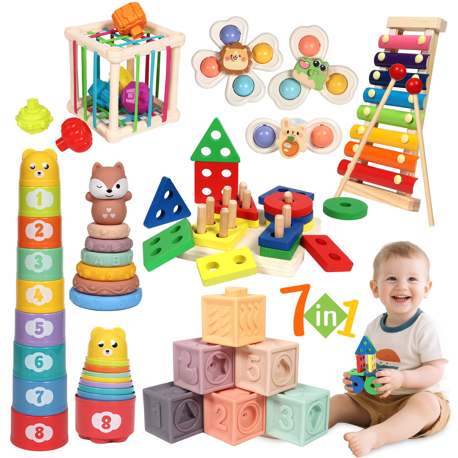 Montessori 7-in-1 Activity Set, Baby Toys 18-36 Months, Stacking Blocks ...