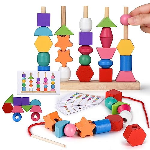 Montessori Bead Sequencing Toy Set,Wooden Stacking Blocks & Lacing ...