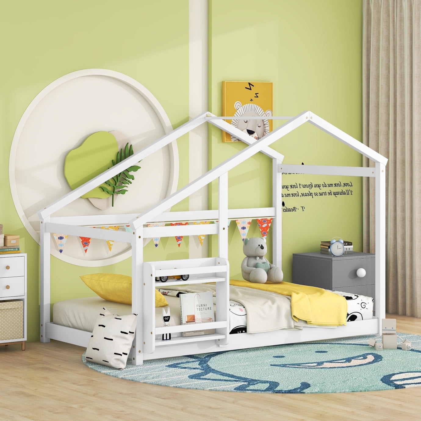 Montessori Bed Twin Size, Wood House Floor Beds with Roof Design, House ...
