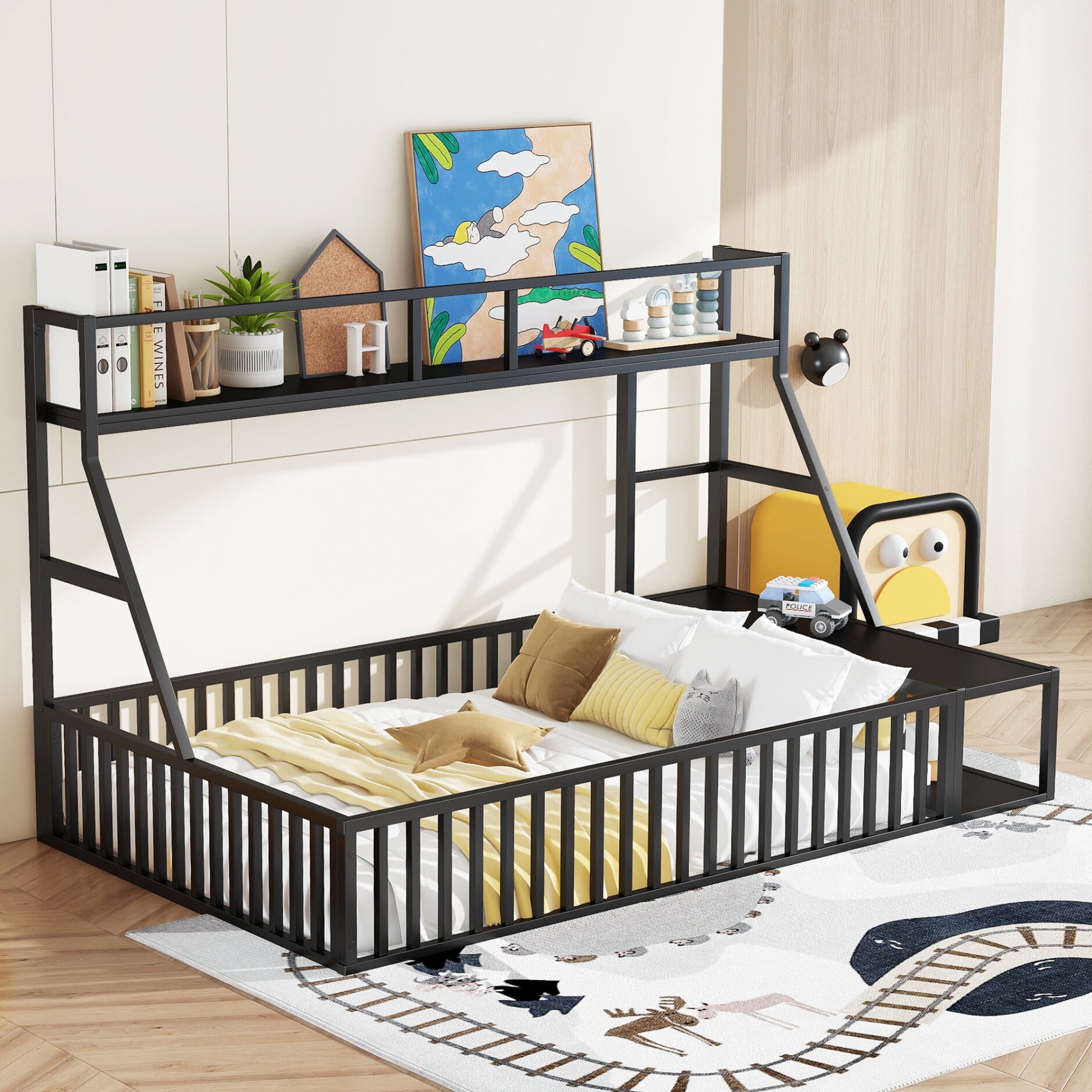 Montessori Floor Bed Frame with Safety Fence and Book Rack, Full Size ...