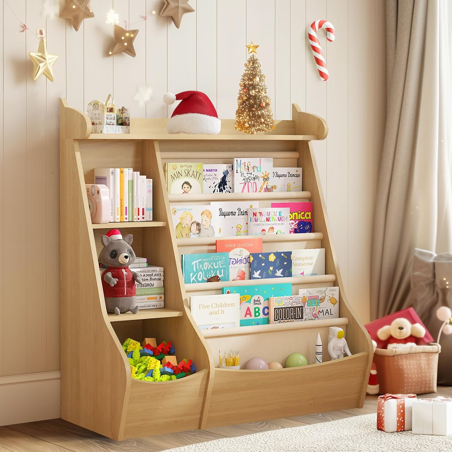 Montessori Kids Bookshelf, 4 Sling Baby Bookcase, 4 Tier Display ...