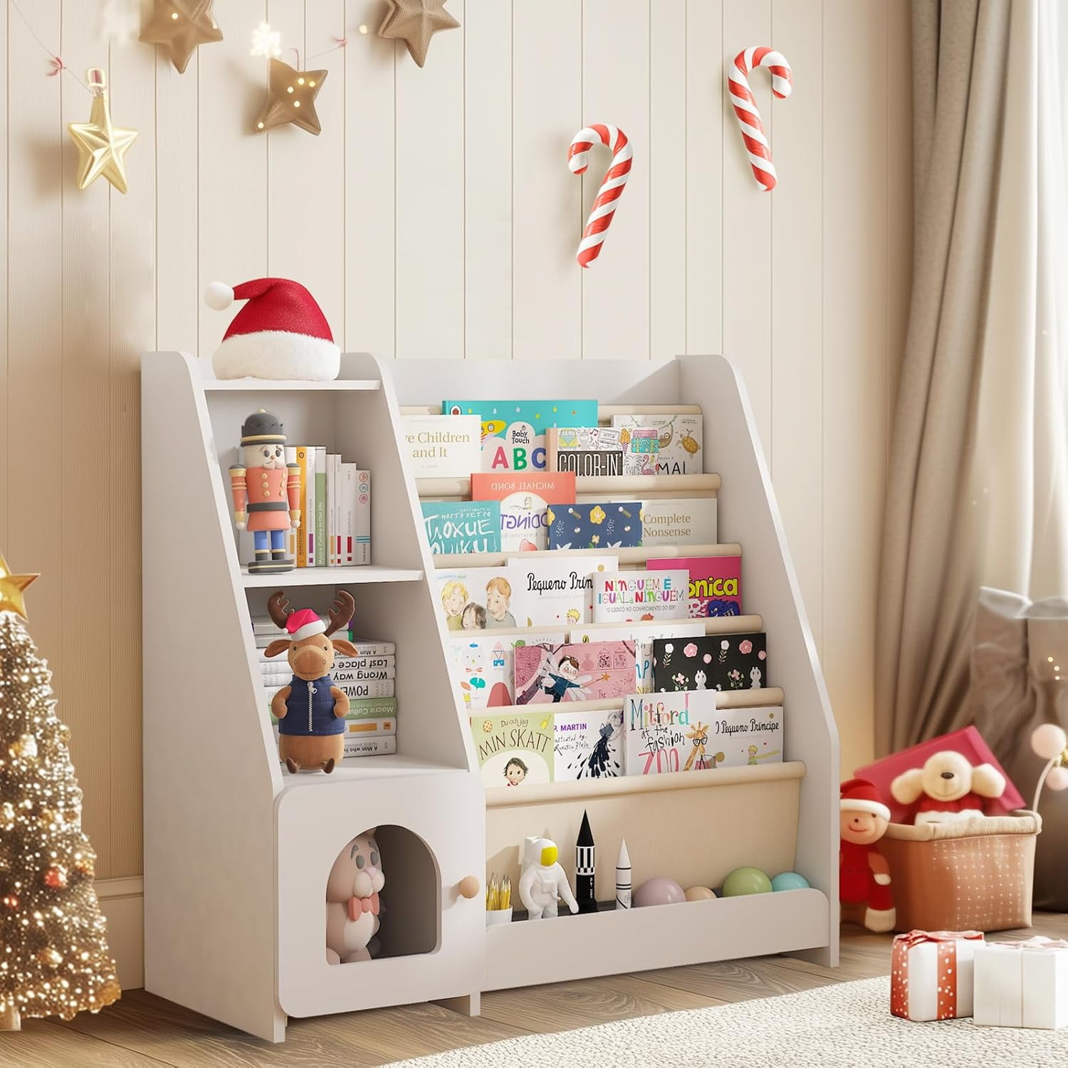 Montessori Kids Bookshelf, 5 Sling Toddler Bookcase, 4 Tier Display ...