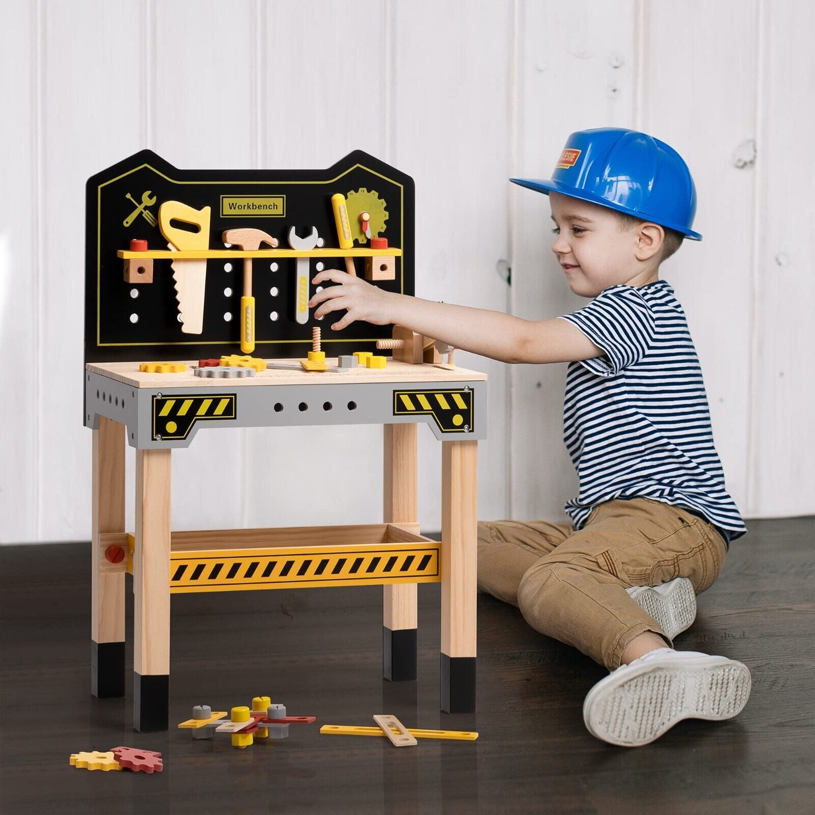 Montessori Kids Wooden Workbench Work Bench Construction Tool Set Toy ...