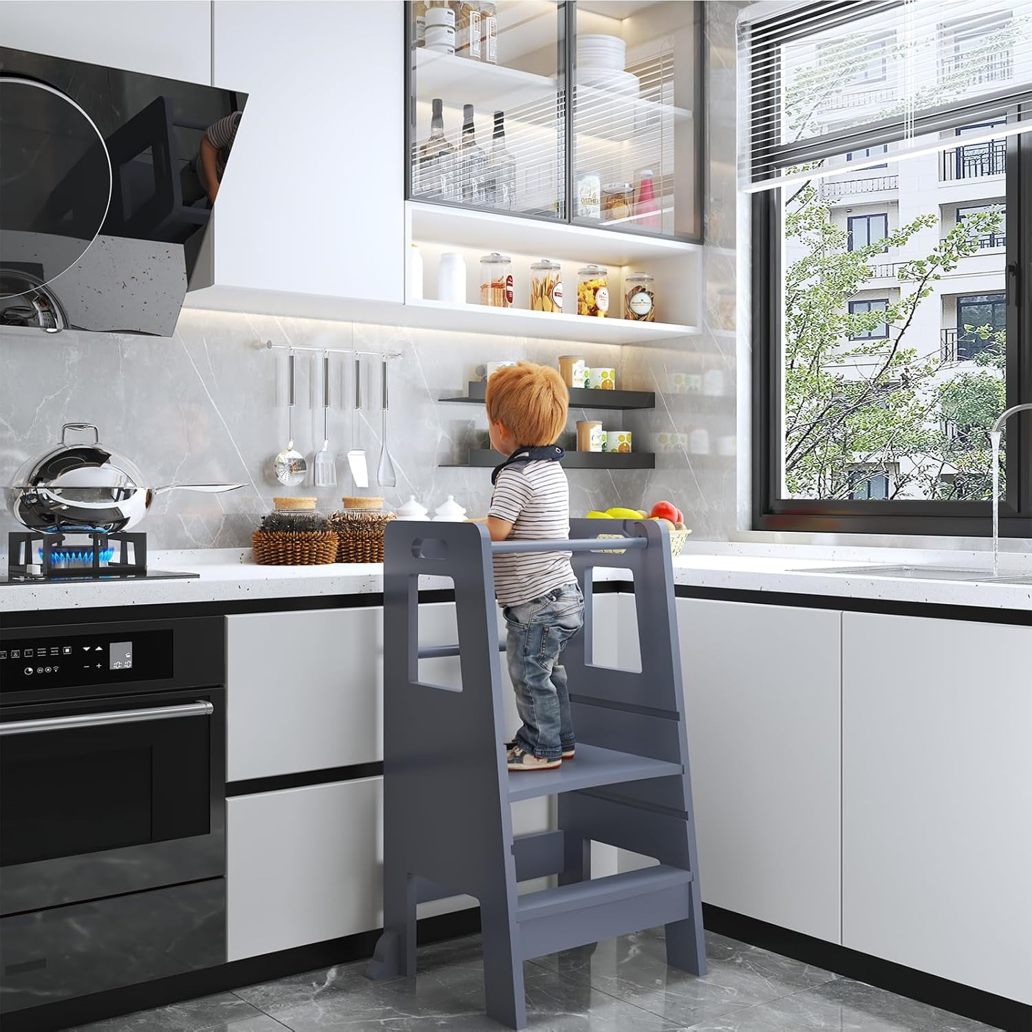 Montessori Step Stool for Toddlers with Safety Guardrails, Adjustable ...