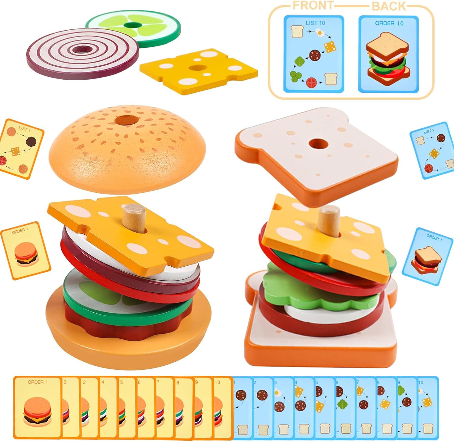 Montessori Toys for 2, 3 Year Old, Wooden Burger Sandwich Stacking Toys ...