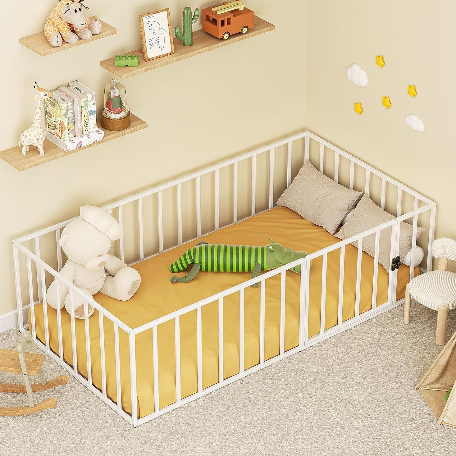 Montessori Twin Floor Bed for Toddlers, Sturdy Metal Frame with Child ...