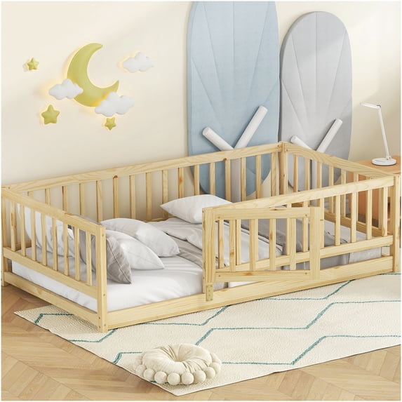 Montessori Twin Floor Bed with Safety Rail & Door, Low Profile Wood ...