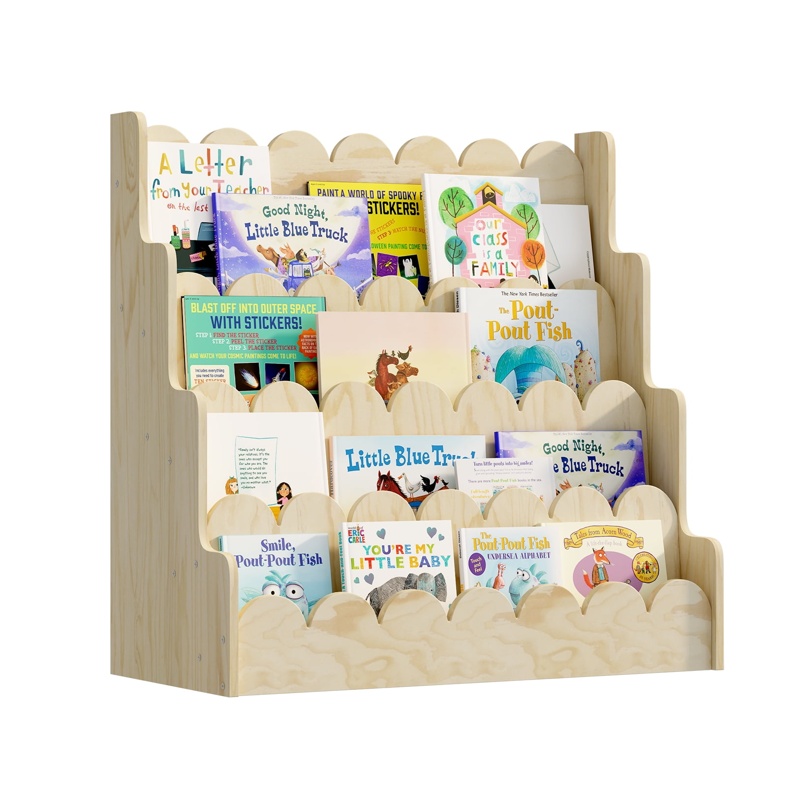 Montessori Wood Kids Bookshelf - Scalloped 4-Tier Front-Facing Book ...