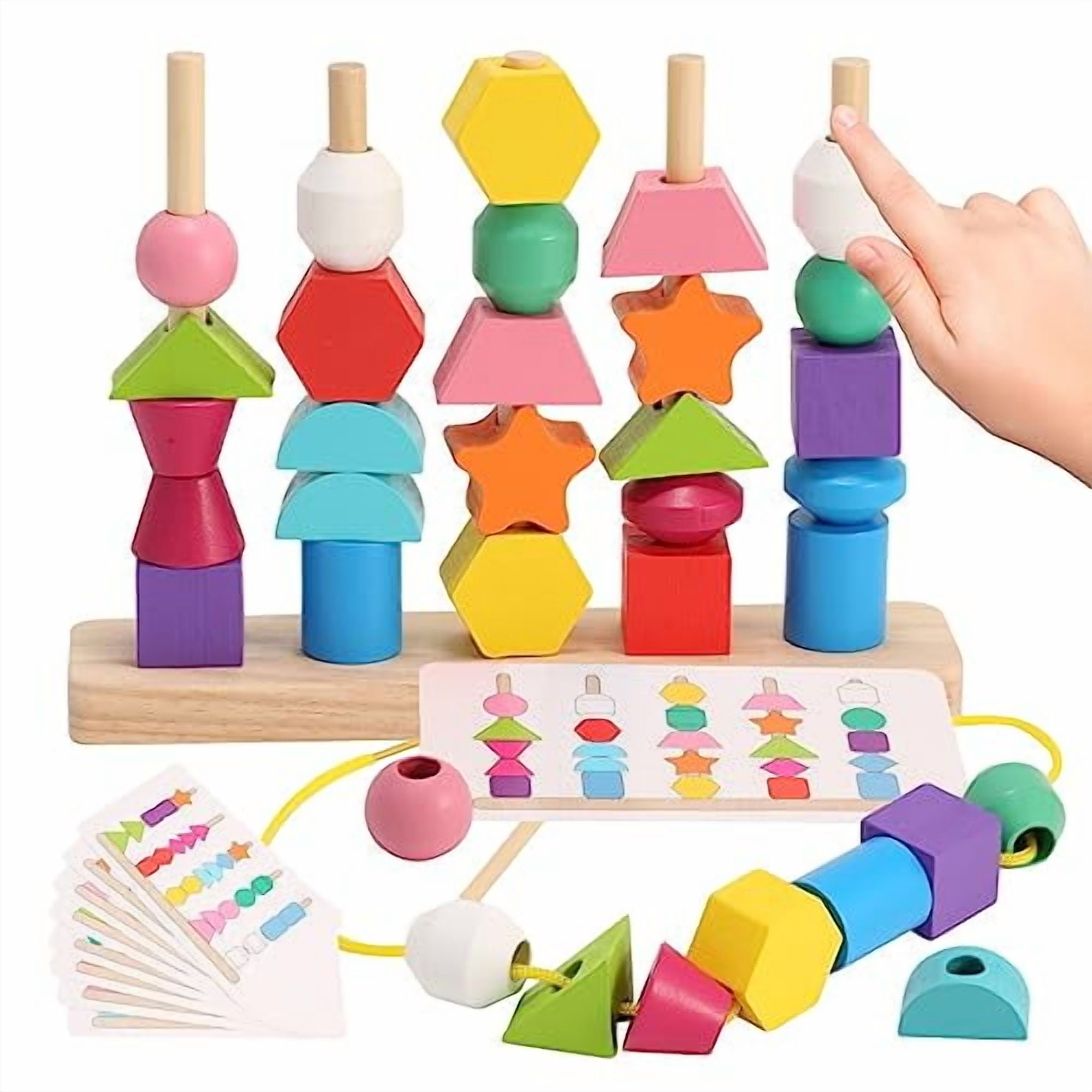Montessori Wooden Beads Sequencing Toy Set,Lacing Beads & Stacking ...