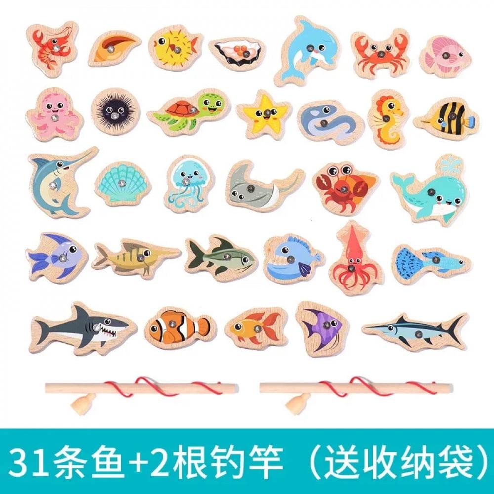 Montessori Wooden Fishing Toys For Children Cartoon Marine Life ...