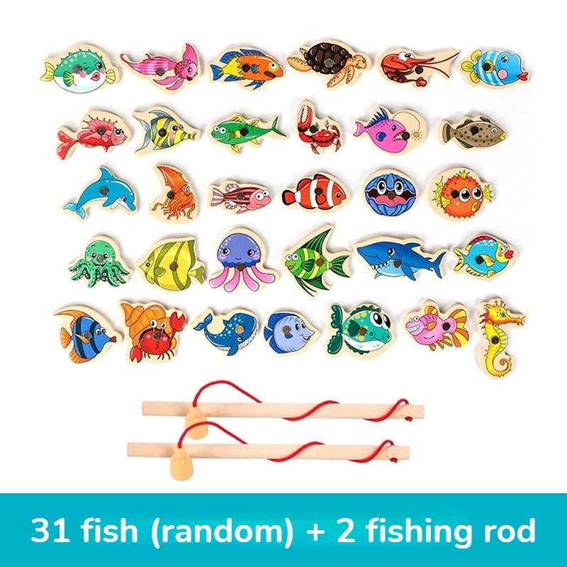 Montessori Wooden Fishing Toys For Children Magnetic Marine Life ...