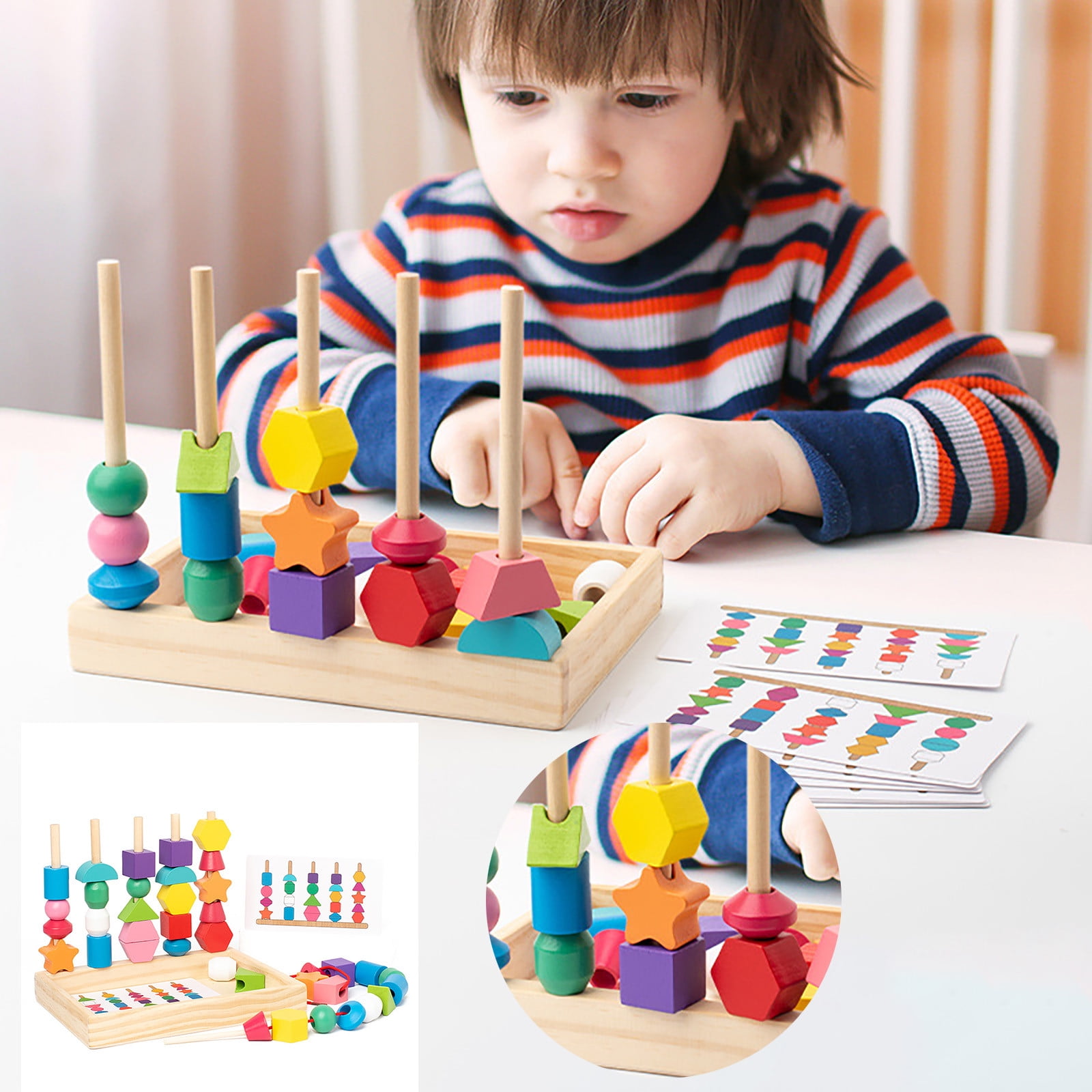 Montessori Wooden Lacing Beads Toy Set With Storage Educational ...