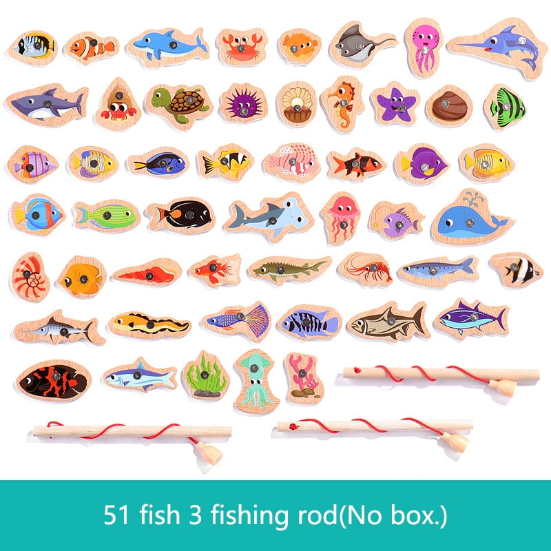 Montessori Wooden Magnetic Fishing Toys Marine Life Cognition Fish ...