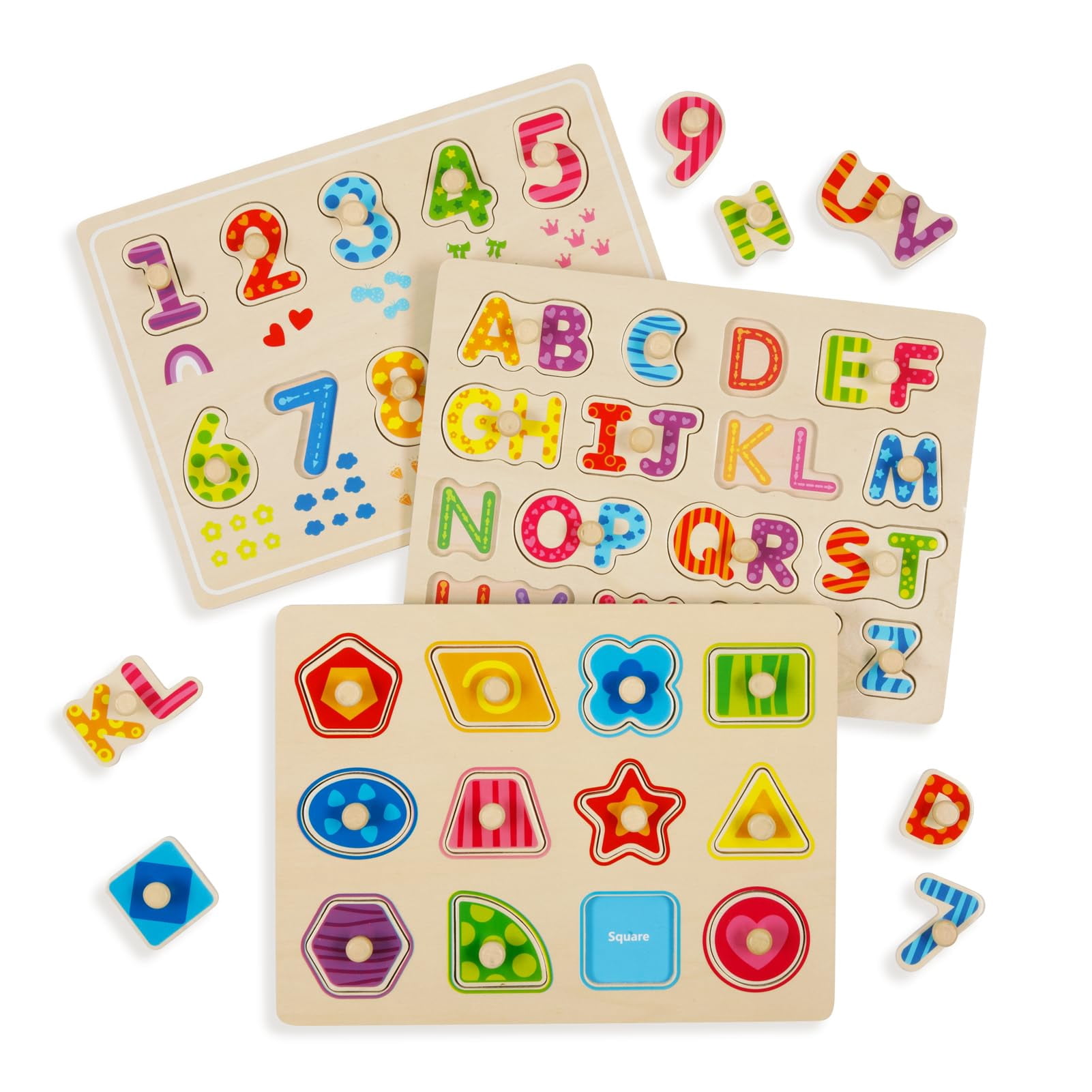 Montessori Wooden Peg Puzzles for Toddlers 1-3, 3 Pcs Toddler Puzzles ...