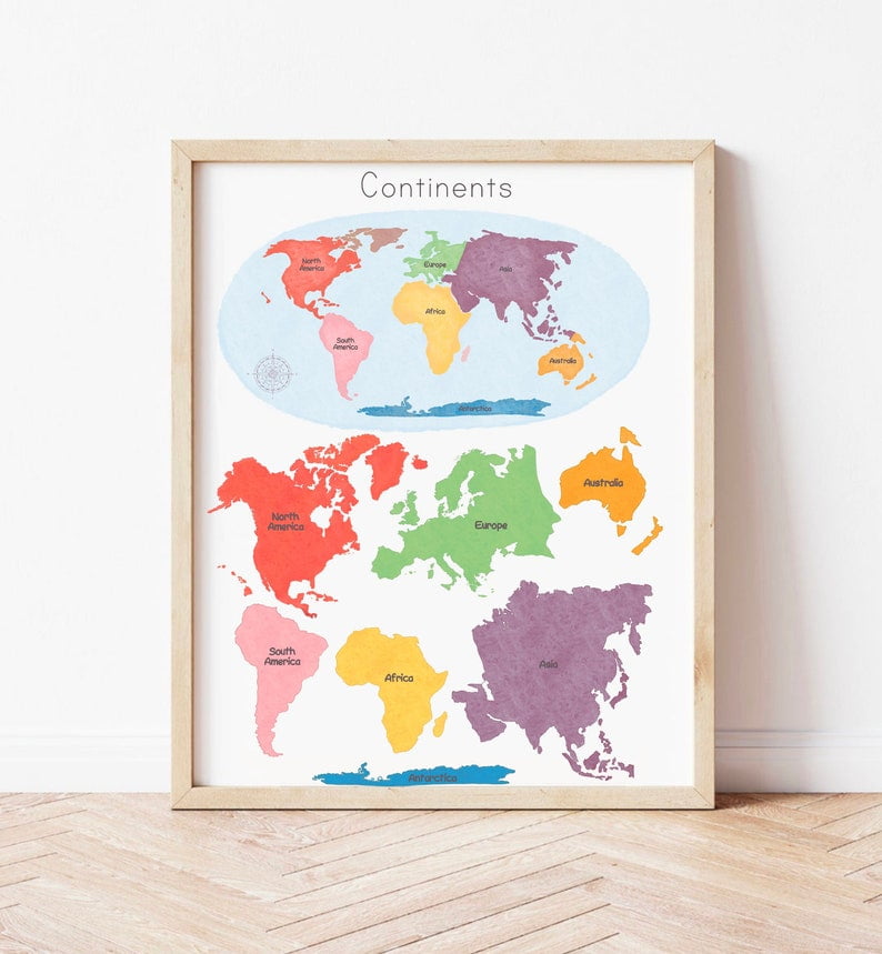 Montessori World Map Wall Art Continents Watercolor Nursery Rainbow ...