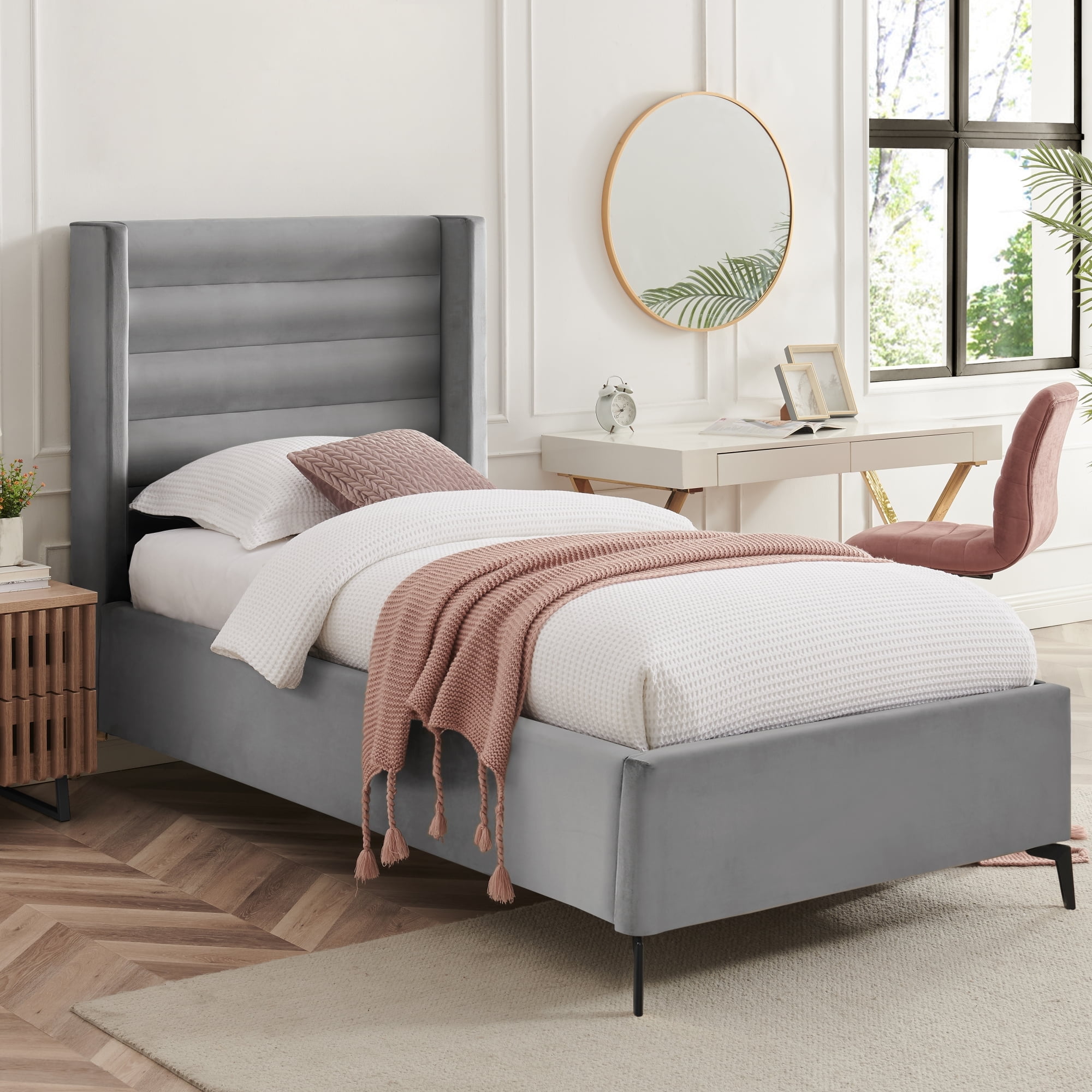 Montez Upholstered Velvet Twin XL Wingback Platform Bed, Light Grey ...