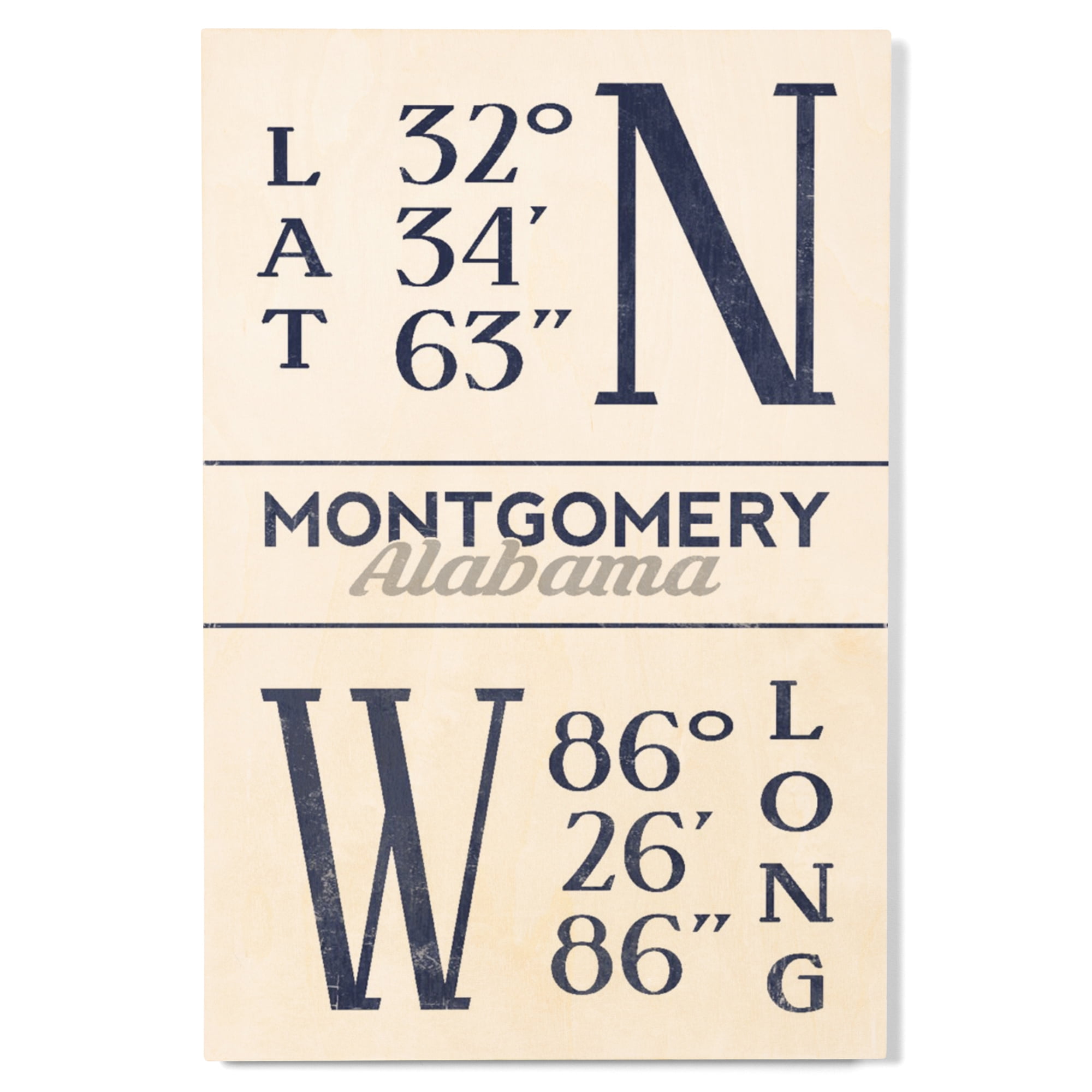 Montgomery, Alabama, Latitude and Longitude (Blue) Birch Wood Wall Sign ...