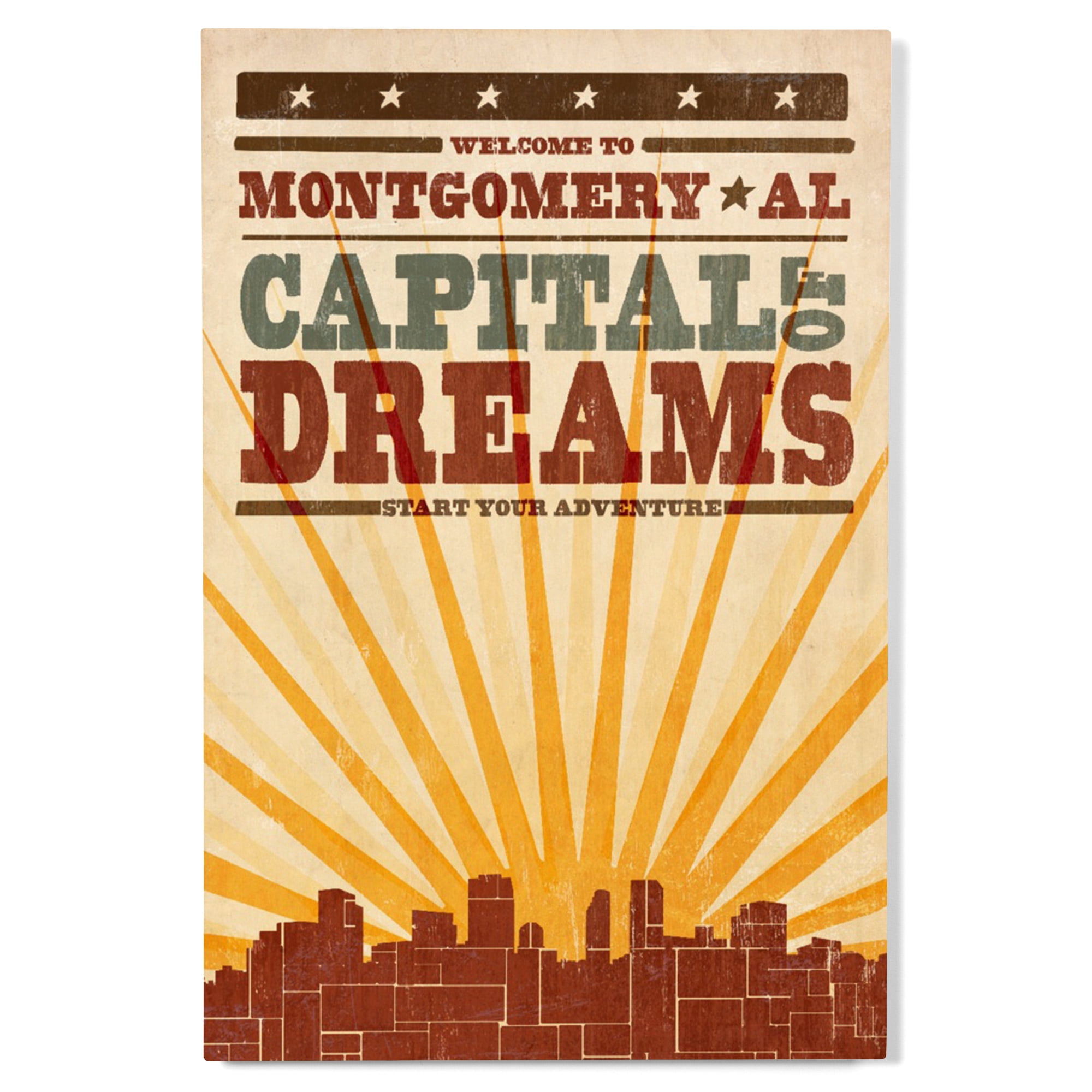 Montgomery, Alabama, Skyline and Sunburst Screenprint Style Birch Wood ...