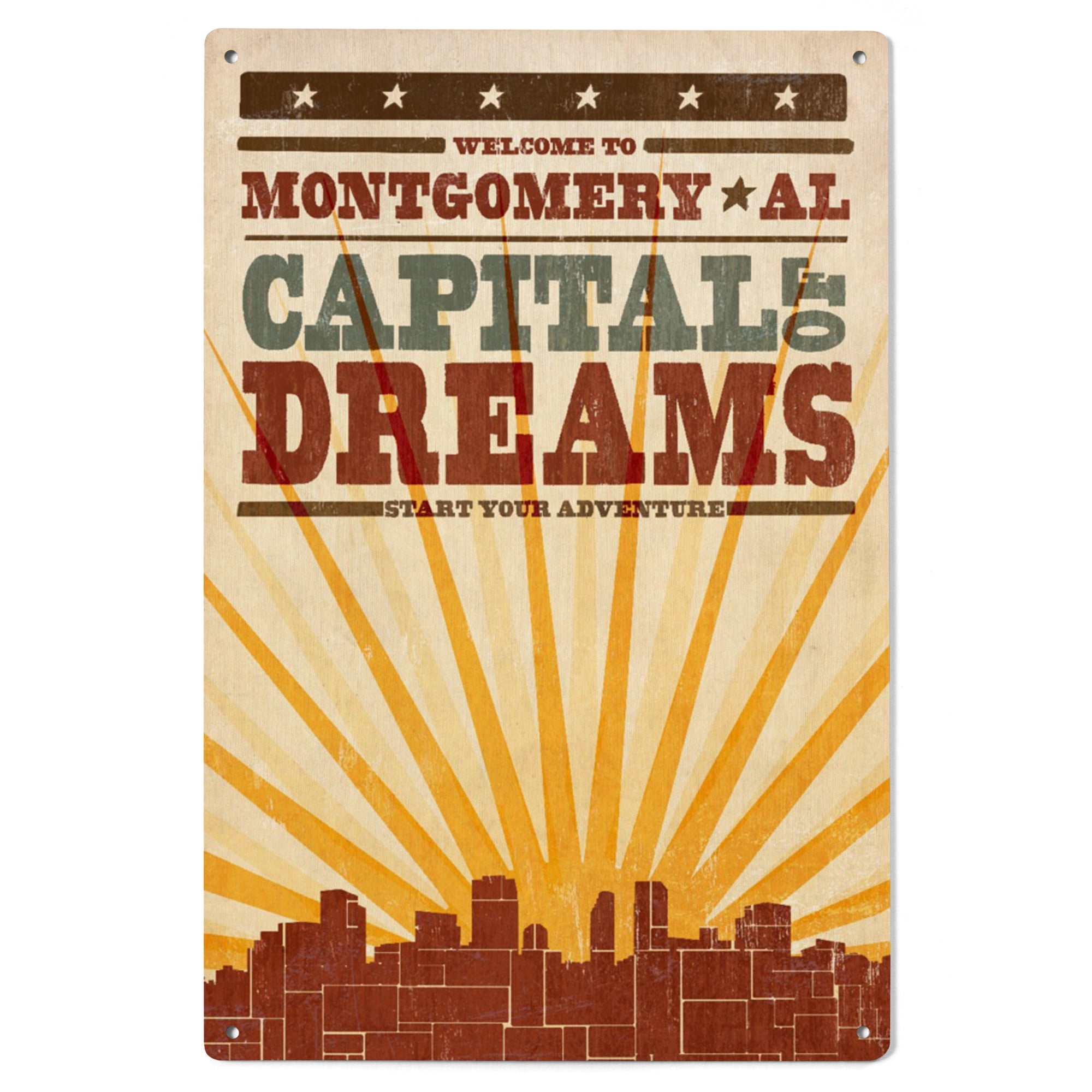 Montgomery, Alabama, Skyline and Sunburst Screenprint Style Birch Wood Wall Sign (6x9 Rustic ...