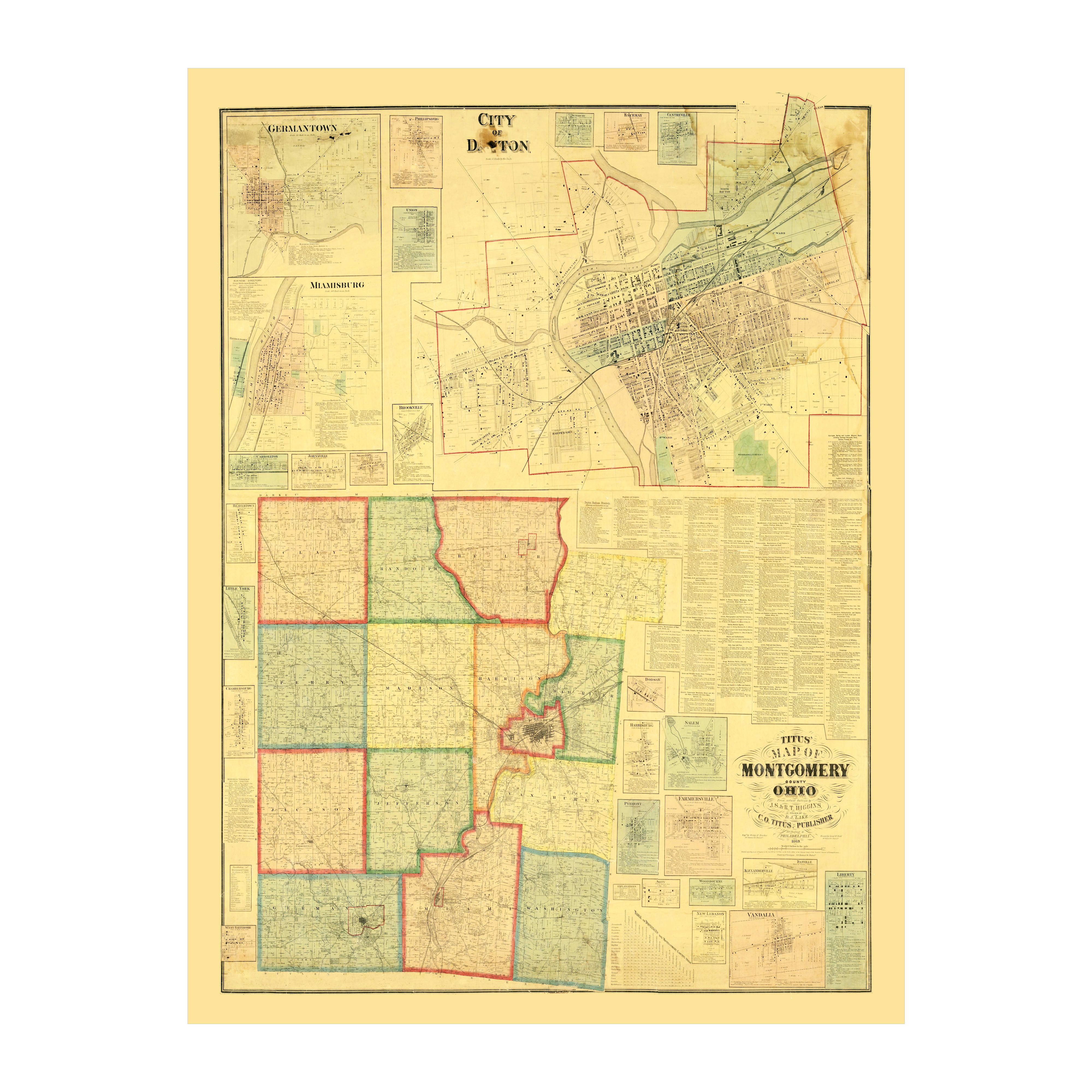 Montgomery County Ohio Art, 1869 Vintage Map of Montgomery County OH ...
