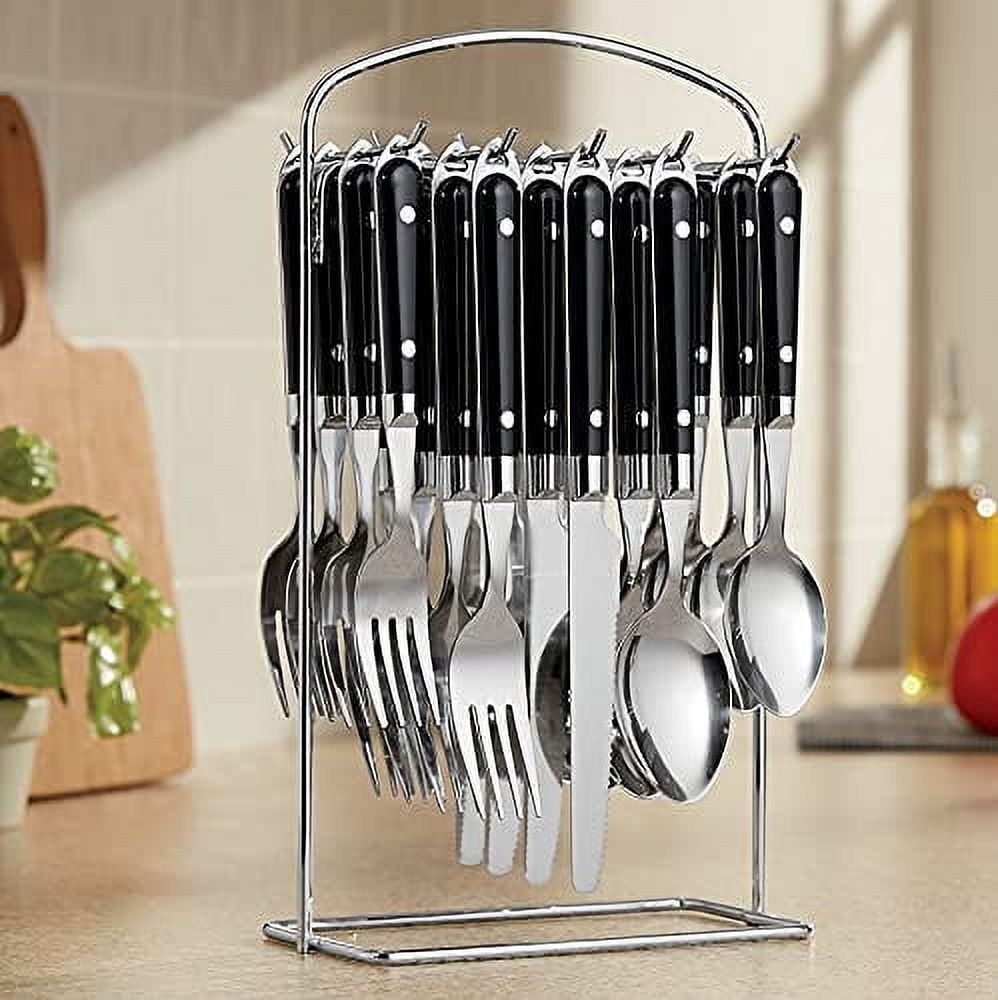 Montgomery Ward 20-Piece Hanging Flatware Set with Rack, Black ...