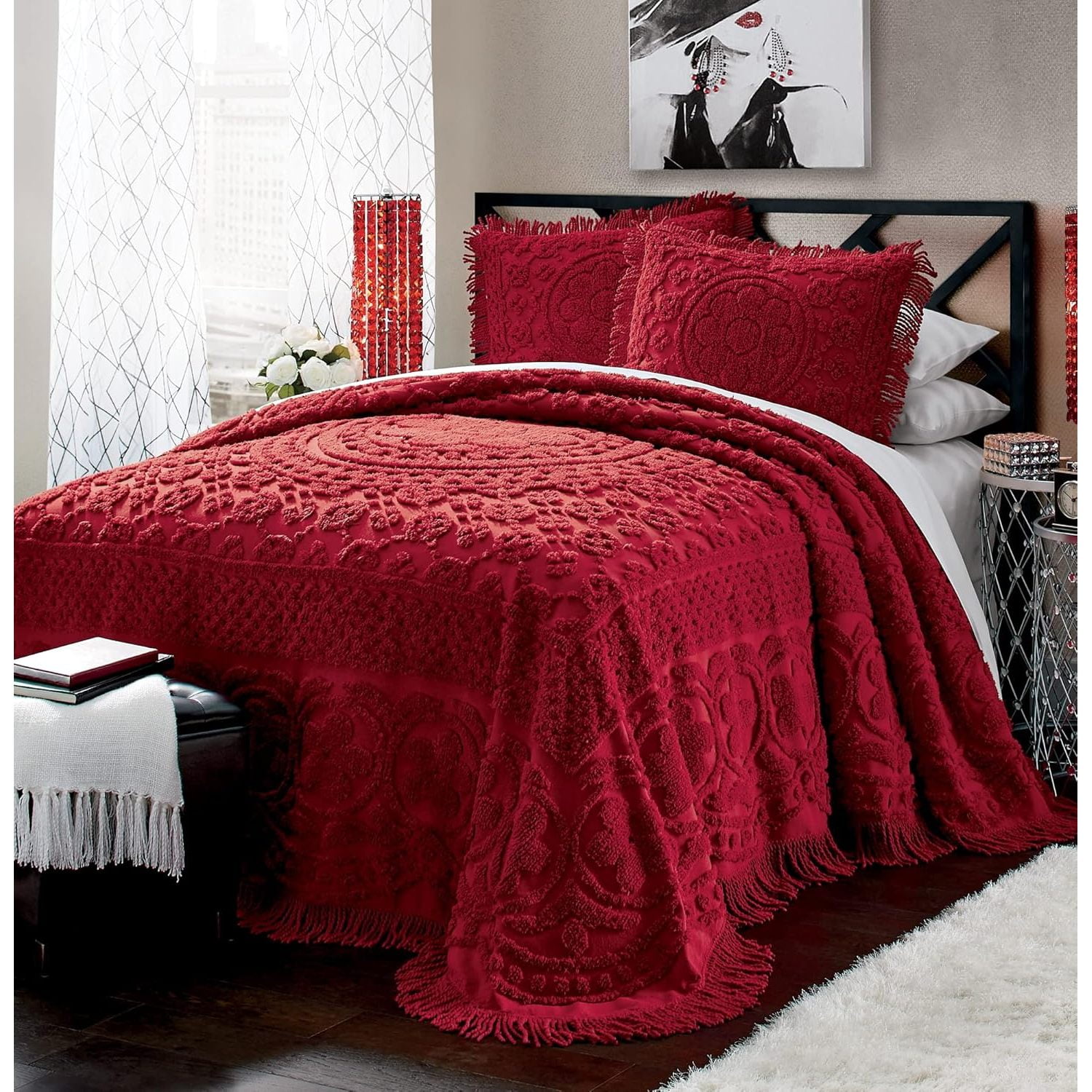 Montgomery Ward Emily Floral Chenille Bedspread, Soft Cotton Comforter, King Size Quilt in Red ...