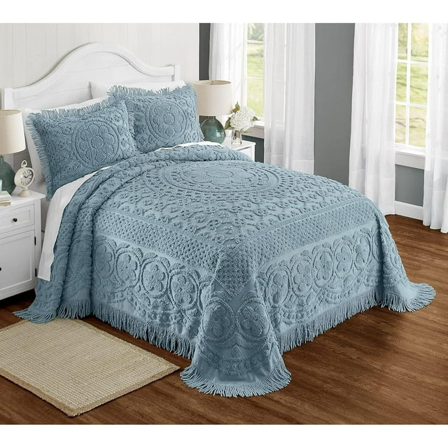 Montgomery Ward Emily Floral Chenille Bedspread, Soft Cotton Comforter, Queen Size Quilt in Blue ...