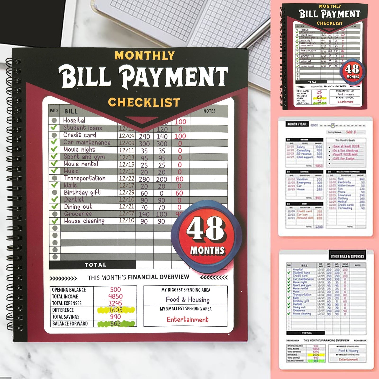 Monthly Bill Payment Checklist - 4 Year Bill Organizer Notebook, 8 x 10 ...
