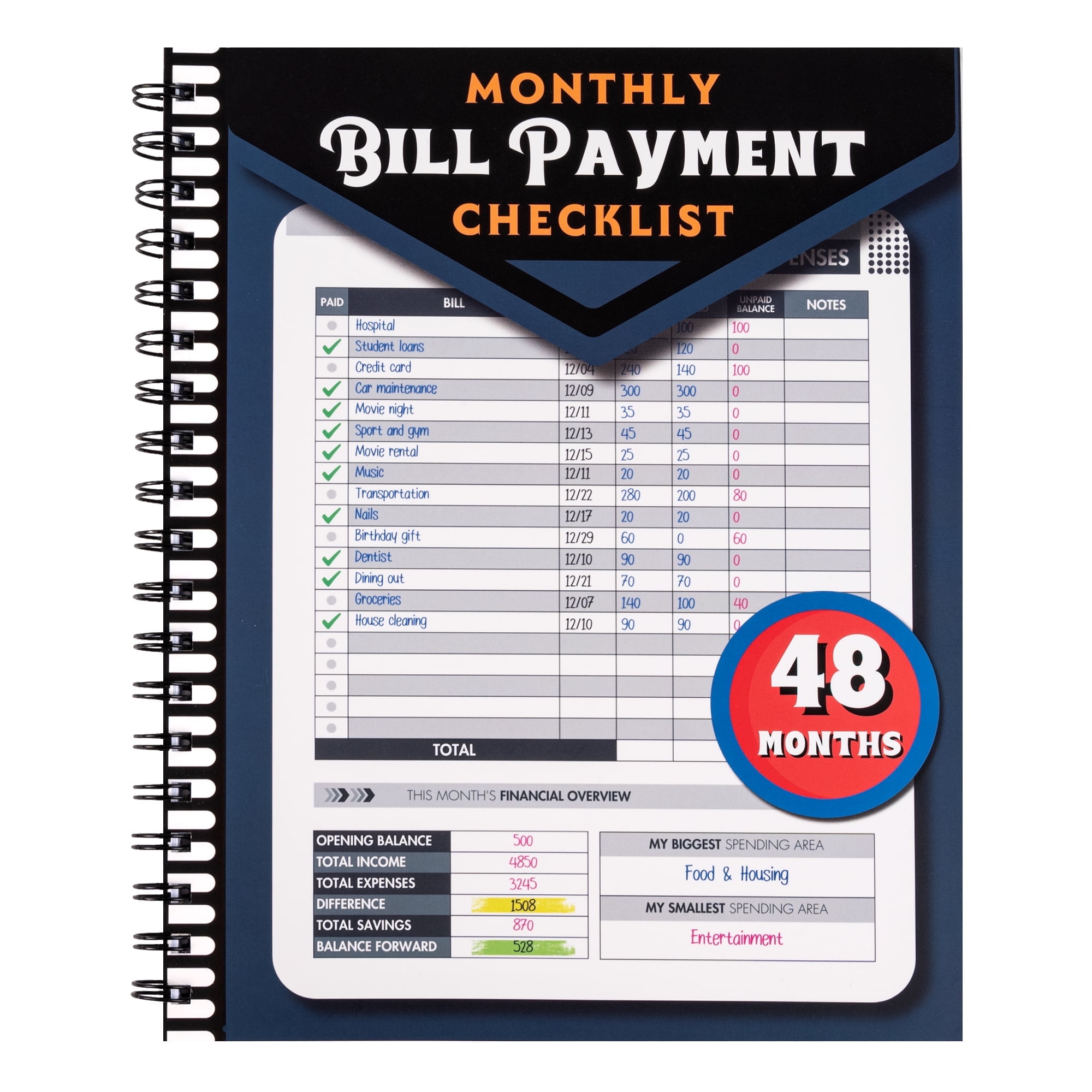 Monthly Bill Payment Checklist: Bill Tracker Notebook With Spiral ...