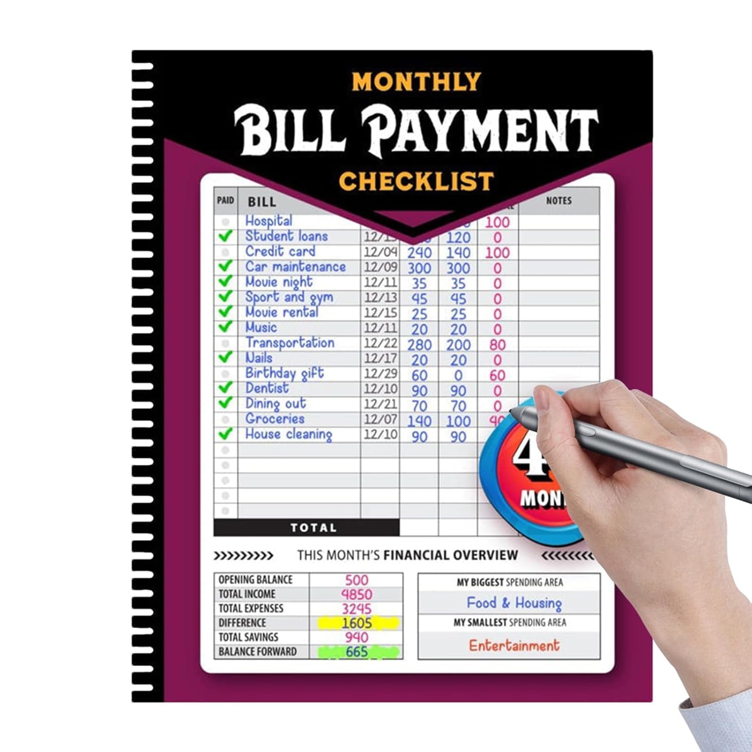 Monthly Bill Payment Checklist: Bill Tracker Notebook With Spiral ...