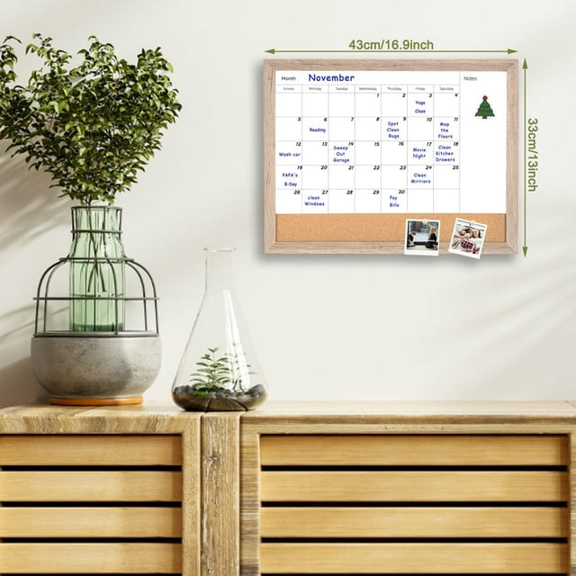 Monthly Calendar Dry Erase White Board & Cork Bulletin Board,13" X 17 ...