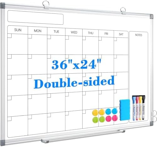 Monthly Calendar Dry Erase Whiteboard for Wall, 36" x 24" Double-Sided ...